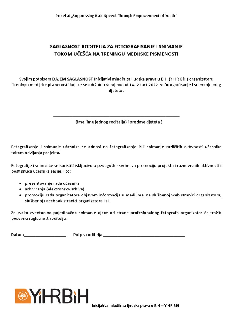 Saglasnost Roditelja Za Fotografisanje | PDF