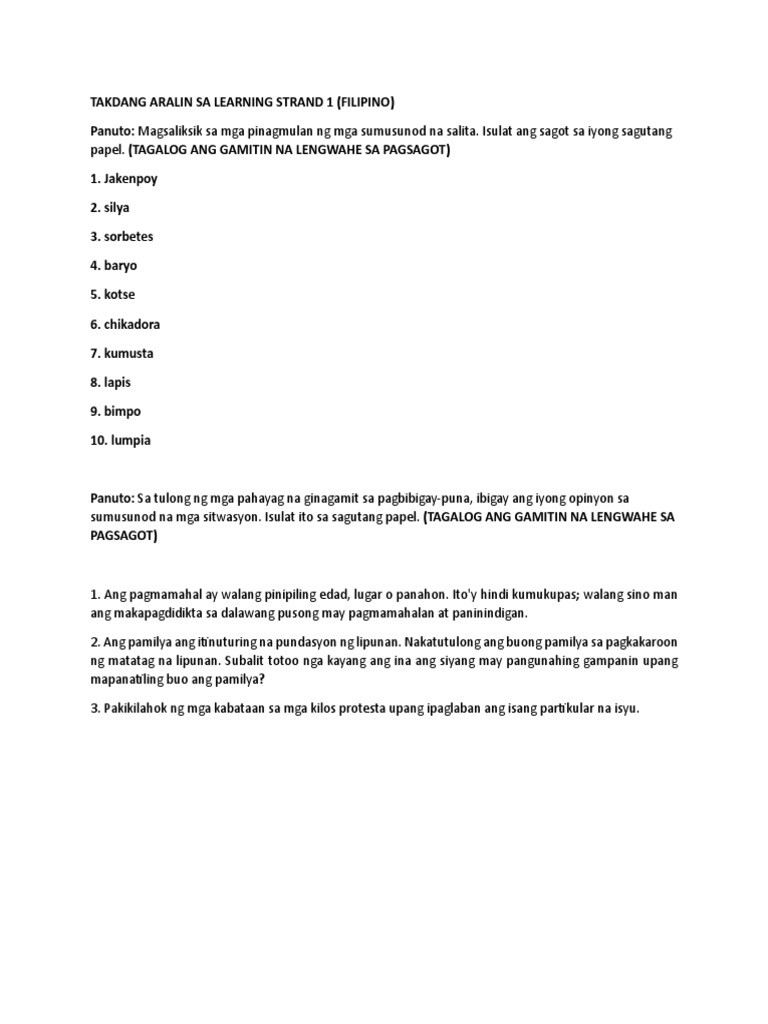 Takdang Aralin Sa Learning Strand 1 Filipino | PDF