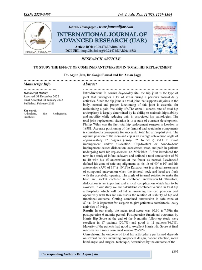 To Study The Effect of Combined Anteversion in Total Hip Replacement ...