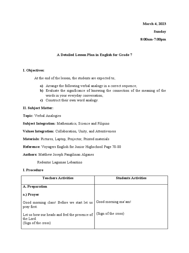 Grade 7 English Lesson: Verbal Analogies | PDF | Lord's Prayer