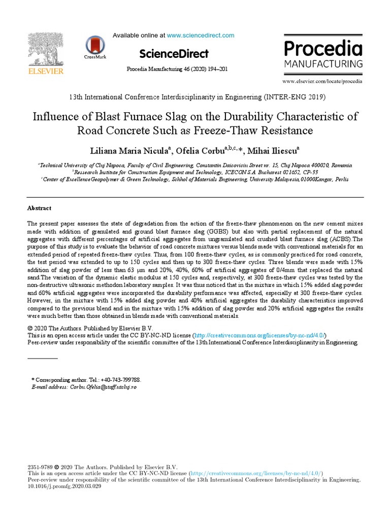 Influence of Blast Furnace Slag On The Durability Characteristic of Road Concrete | PDF ...