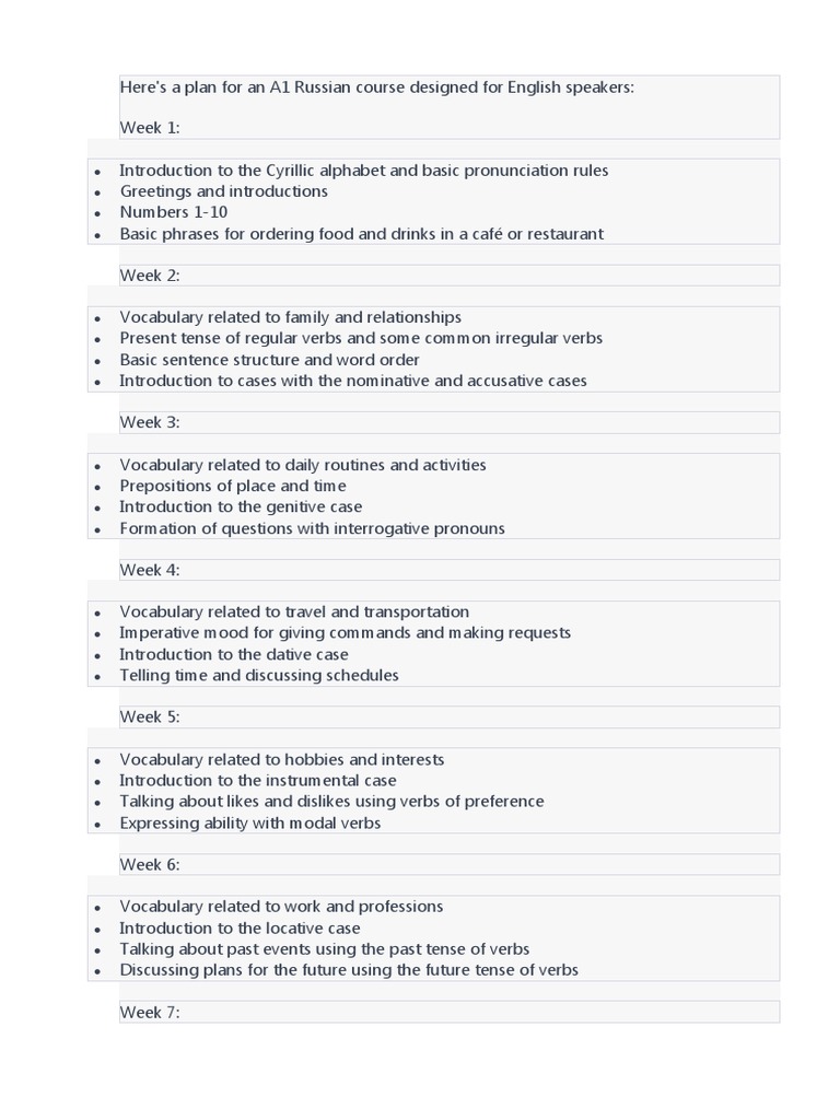 A1 Russian Course Plan for Beginners | PDF