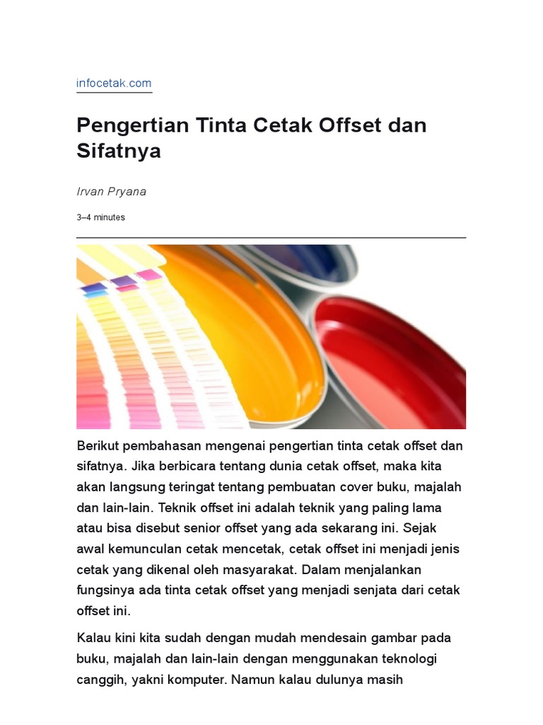 Pengertian dan Sifat Tinta Cetak Offset | PDF