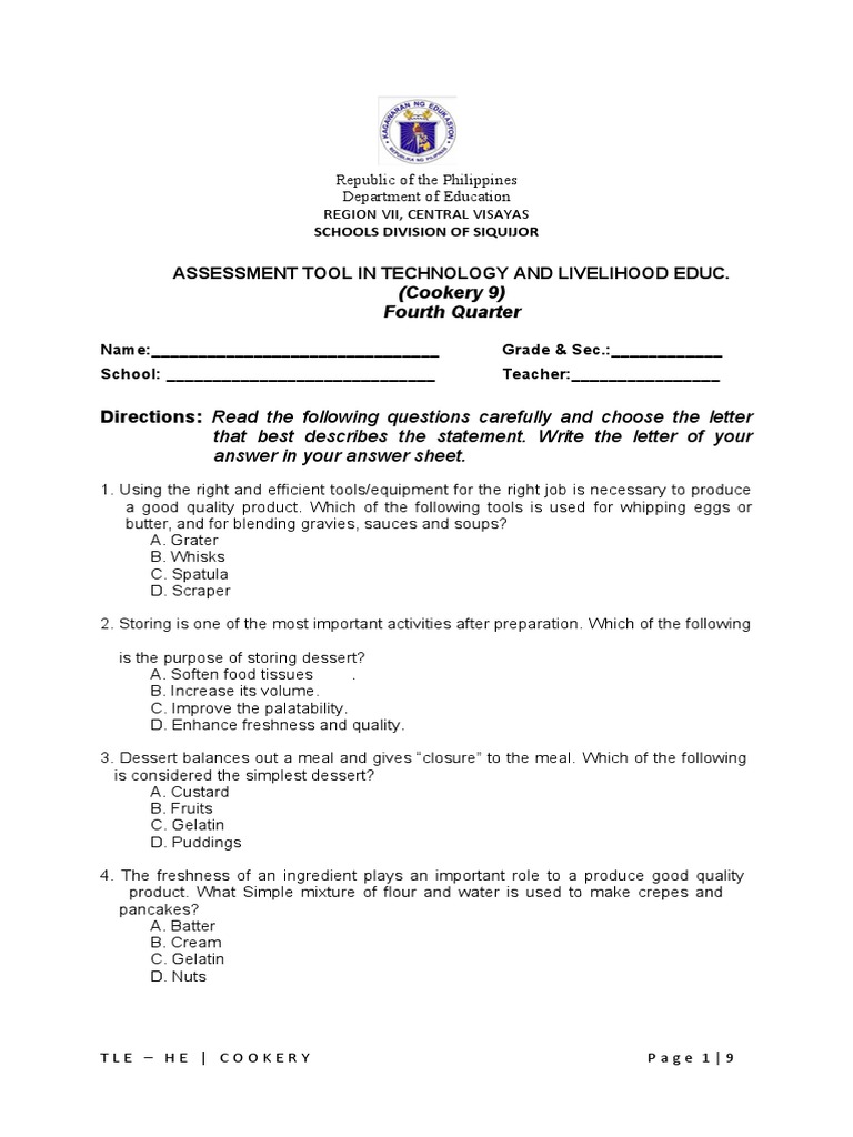 TLE 9 QUARTER 4 | PDF | Custard | Desserts