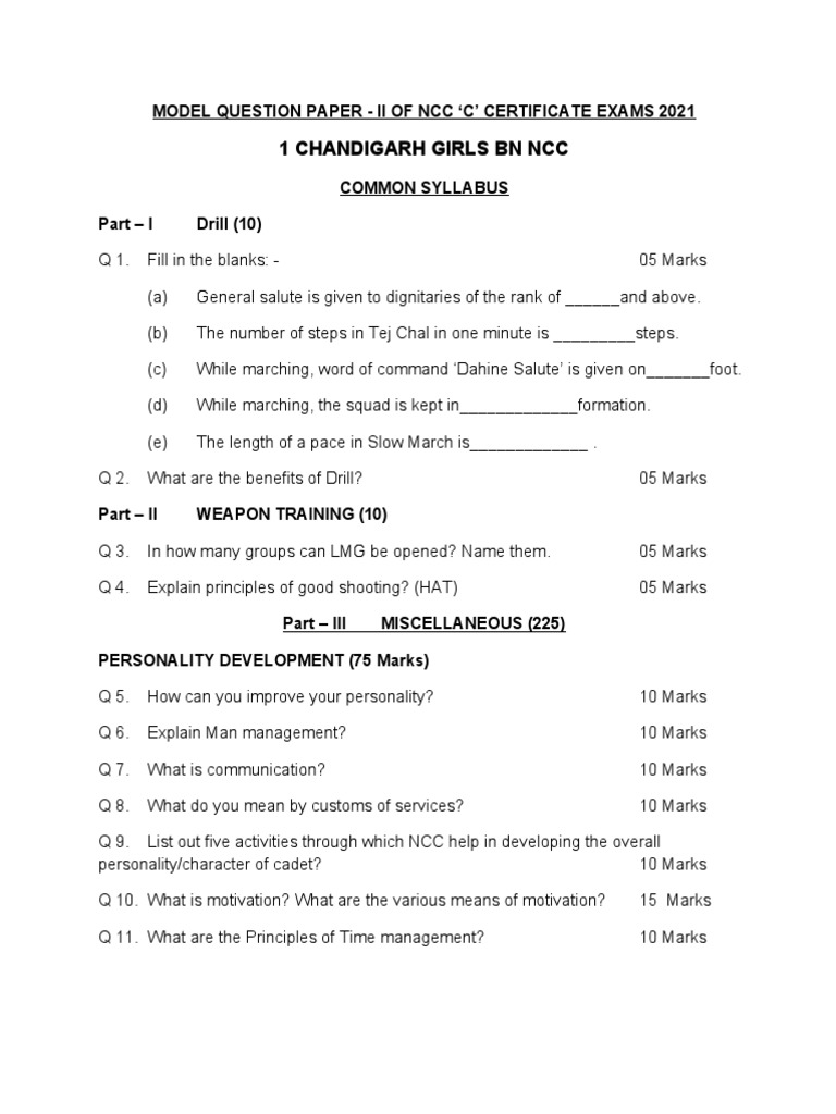 1 Chandigarh Girls BN NCC: Model Question Paper - Ii of NCC C' Certificate Exams 2021 | PDF
