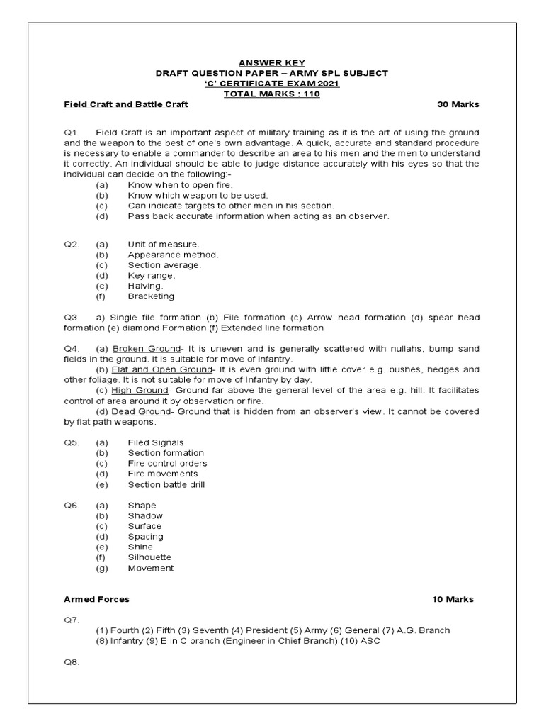 Answer Key Draft Question Paper - Army SPL Subject C' Certificate Exam 2021 Total Marks: 110 ...