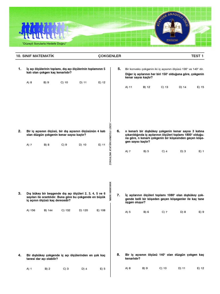 Sınıf Matematik Çokgenler Test 1 | PDF