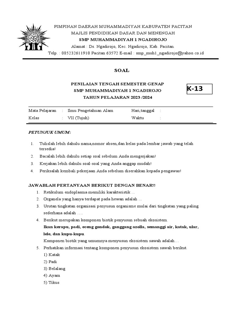 Soal PTS IPA URAIAN SMSTR GENAP Kelas VII K13 TH 2022-2023 | PDF | Kesehatan Holistik | Sains ...