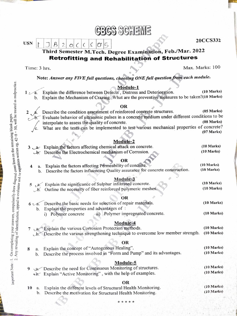 Retrofitting Question Paper 2022 | PDF | Concrete | Corrosion Retrofitting Question Paper 2022 | PDF | Concrete | Corrosion