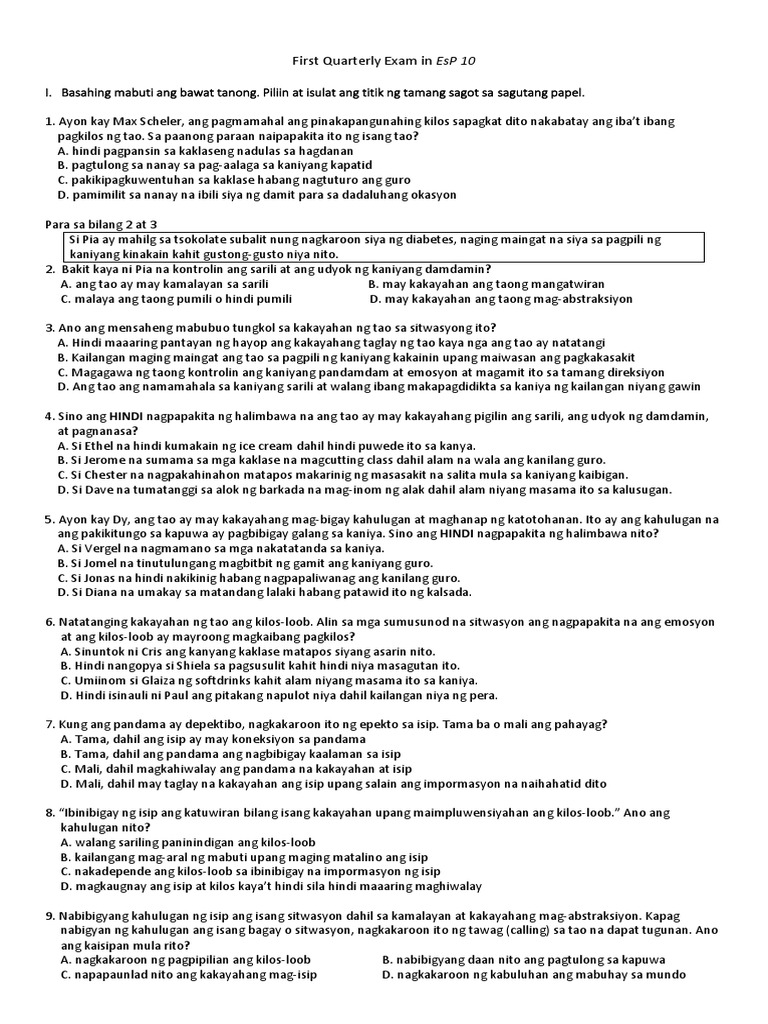 EsP 10 1st QTR Exam | PDF