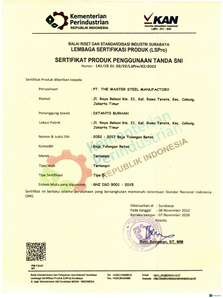 Sertifikat SNI PT The Master Steel Manufactory | PDF