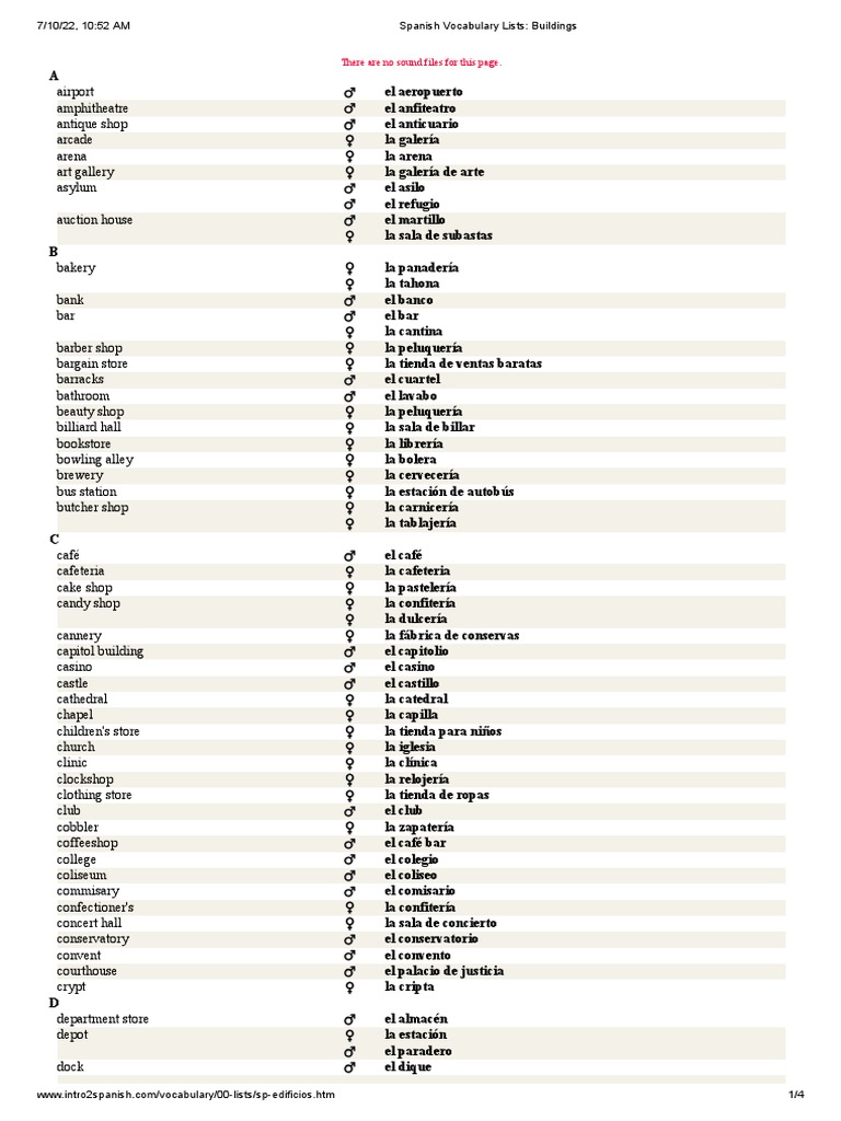 Spanish Vocabulary Lists - Buildings | PDF