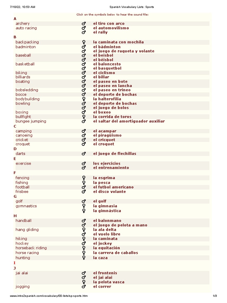 Spanish Vocabulary Lists - Sports | PDF | Deportes | Deportes olímpicos