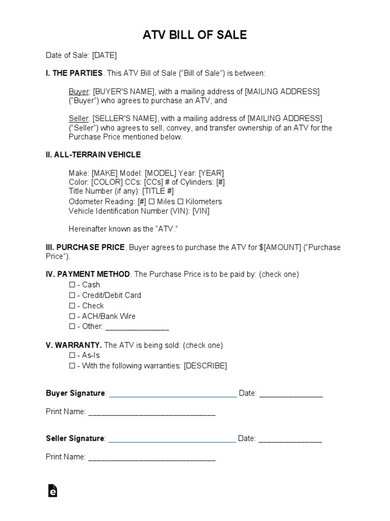 Atv Bill of Sale Form | PDF