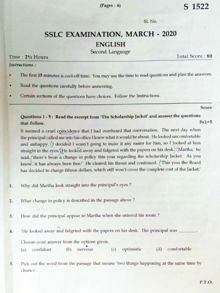 ENGLISH Question Paper SSLC Exam March 2020 | PDF