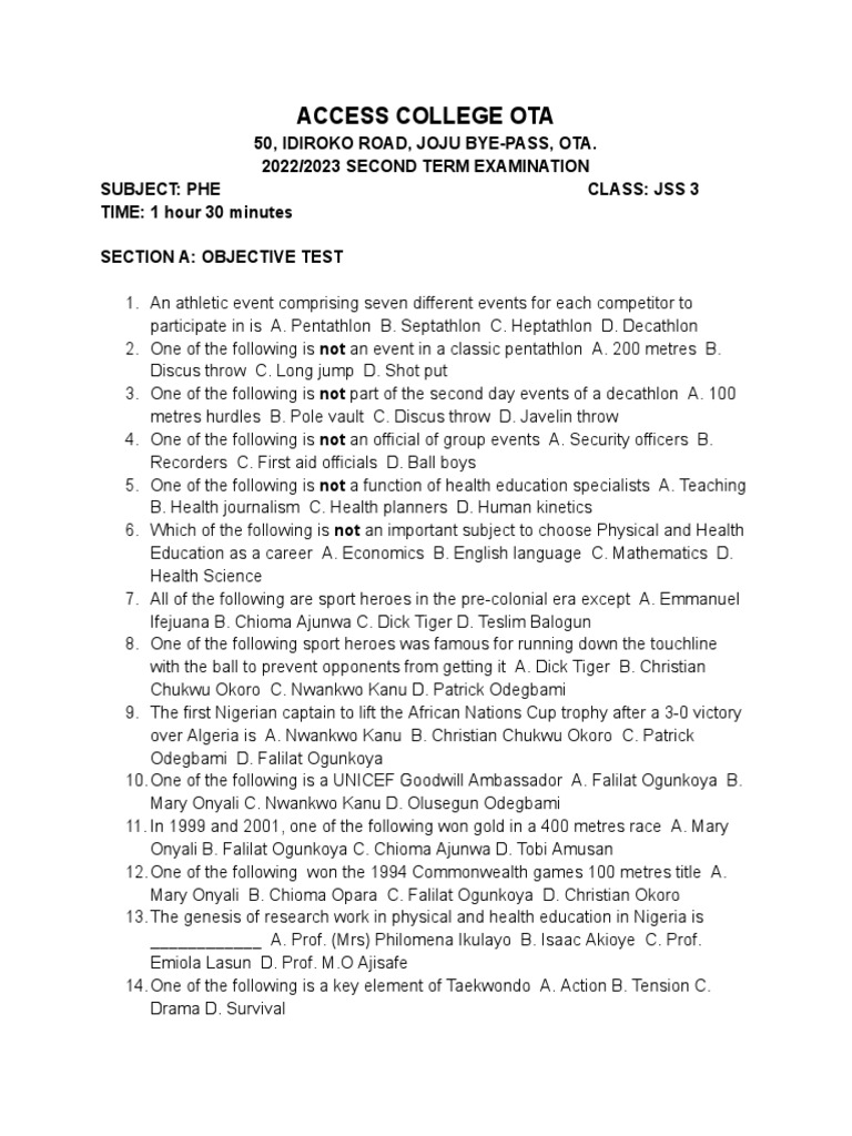 JSS 3 2ND Term Exam Questions Access College Ota PDF | PDF | Taekwondo ...