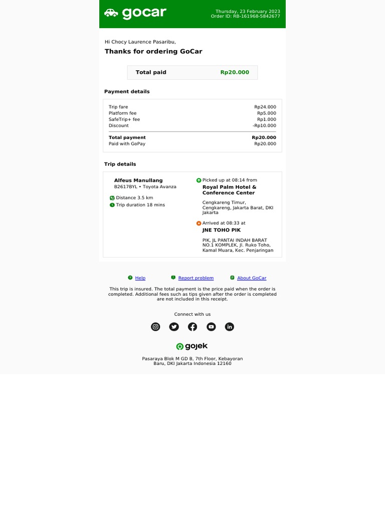 GoCar Trip Receipt to JNE Toho PIK | PDF