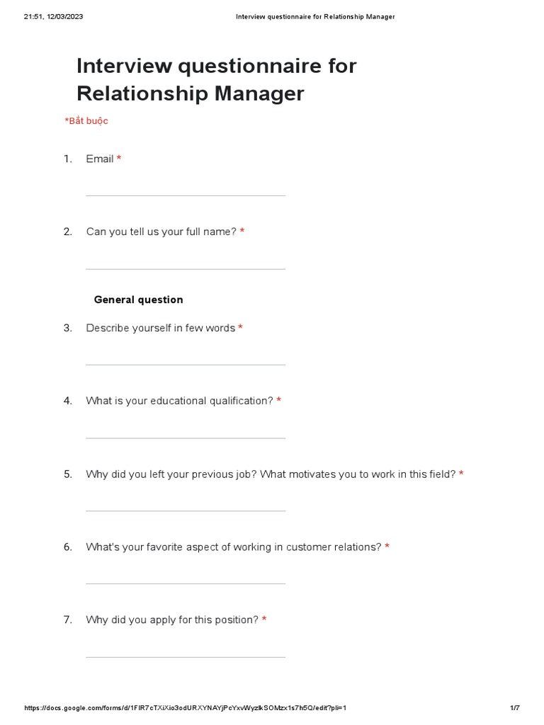 Interview questionnaire for Relationship Manager Google Biểu mẫu PDF | Download Free PDF ...