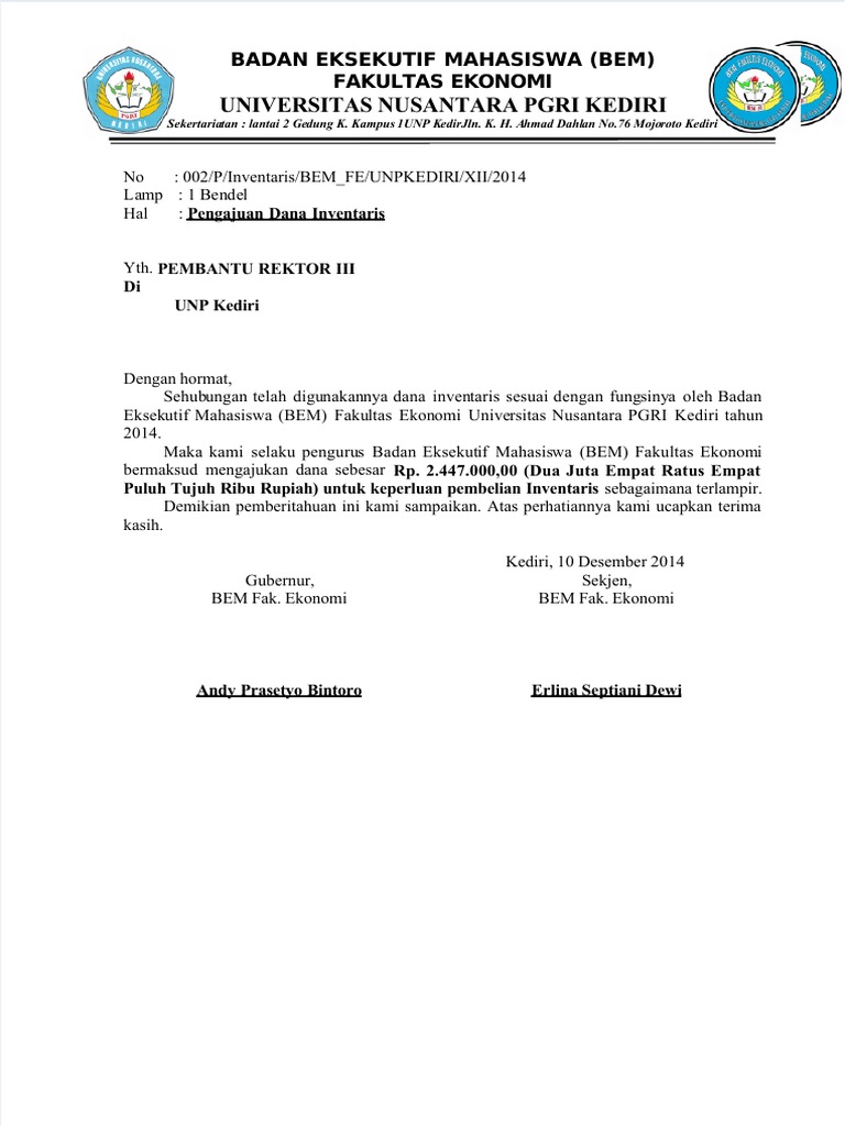 Pengajuan Dana Inventaris BEM FE UNP | PDF