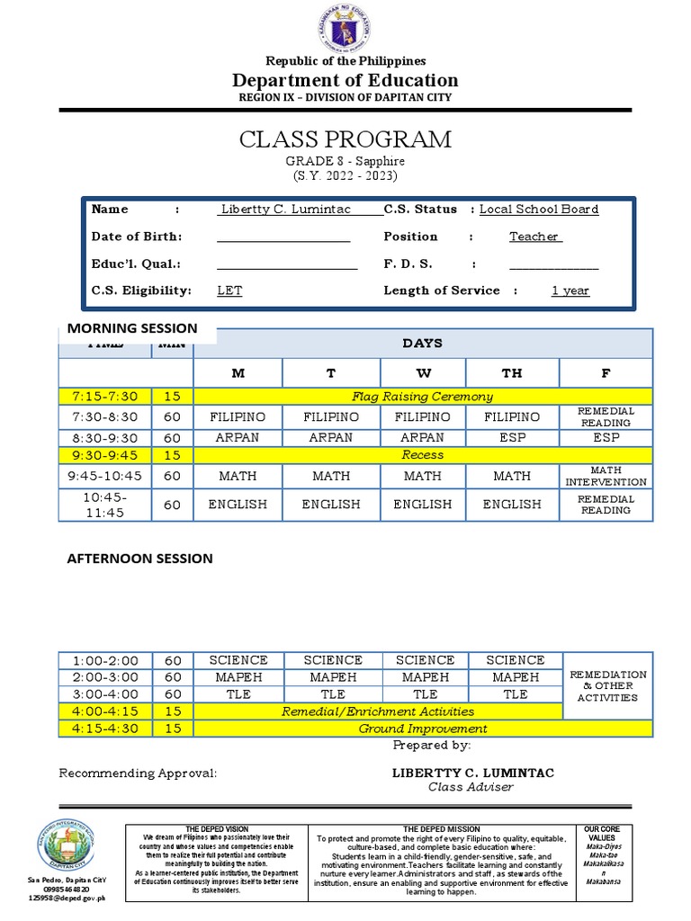 CLASS PROGRAM g8 | PDF | Pedagogy | Education Theory