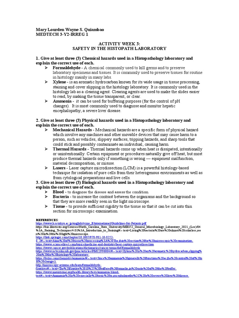 Activity Week 3 Safety in The Histopath Lab - Quiambao, MLWS | PDF | Histopathology | Histology