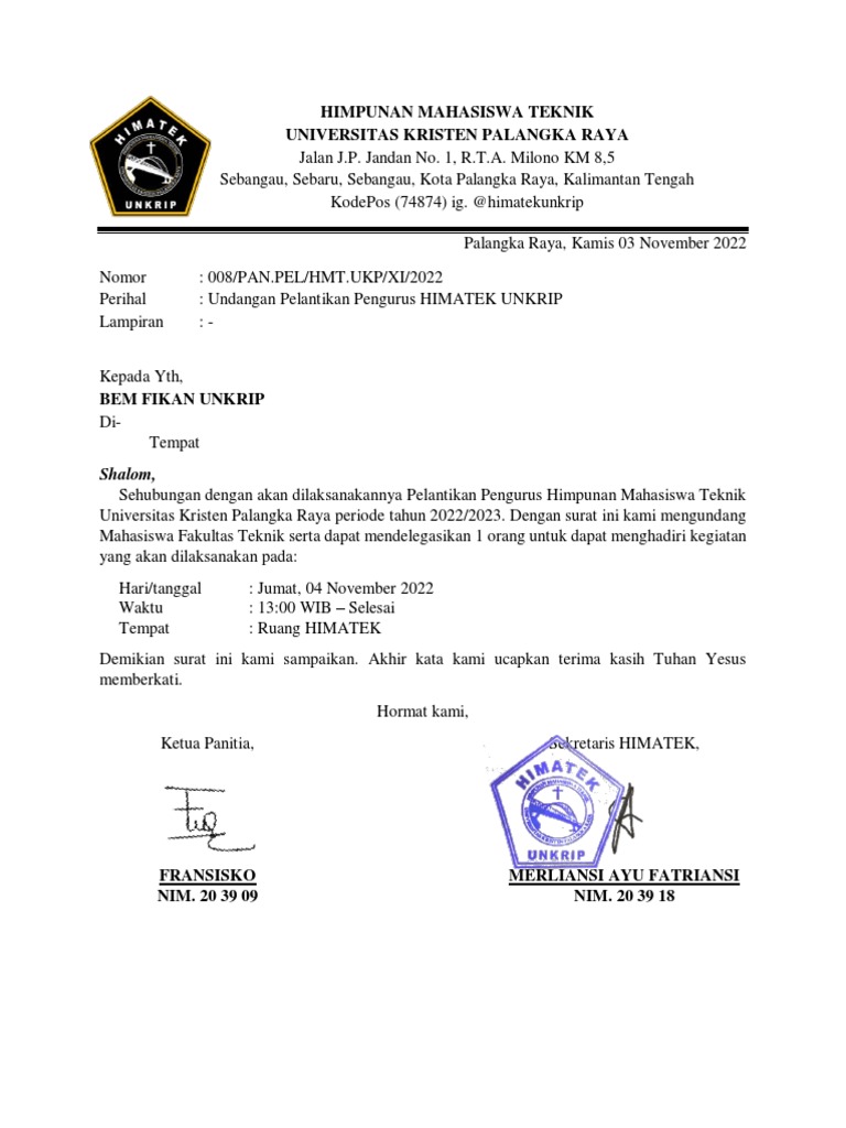 Surat Undangan Pelantikan Himatek-Bem Fikan Unkrip | PDF