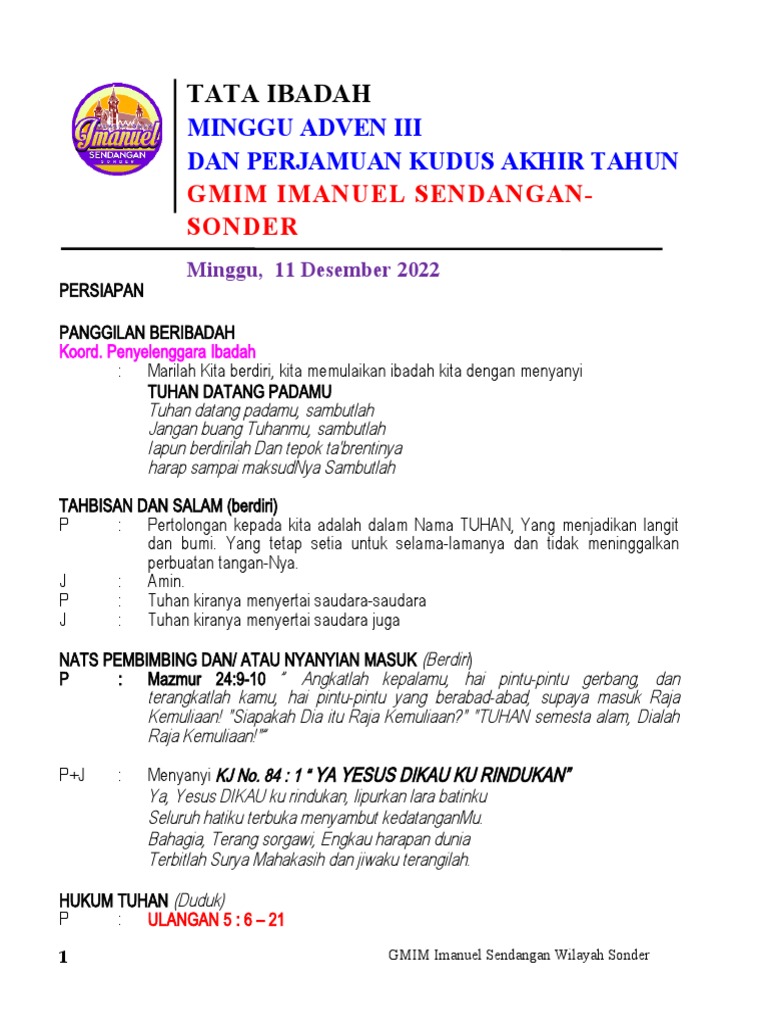 TATA IBADAH HARI MINGGU ADVEN III + Perjamuan Kudus Akhir Tahun - 11 DESEMBER 2022 - SUBUH | PDF
