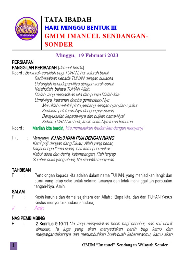 TATA IBADAH HARI MINGGU BENTUK III - 19 Februari 2023 | PDF TATA IBADAH HARI MINGGU BENTUK III - 19 Februari 2023 | PDF