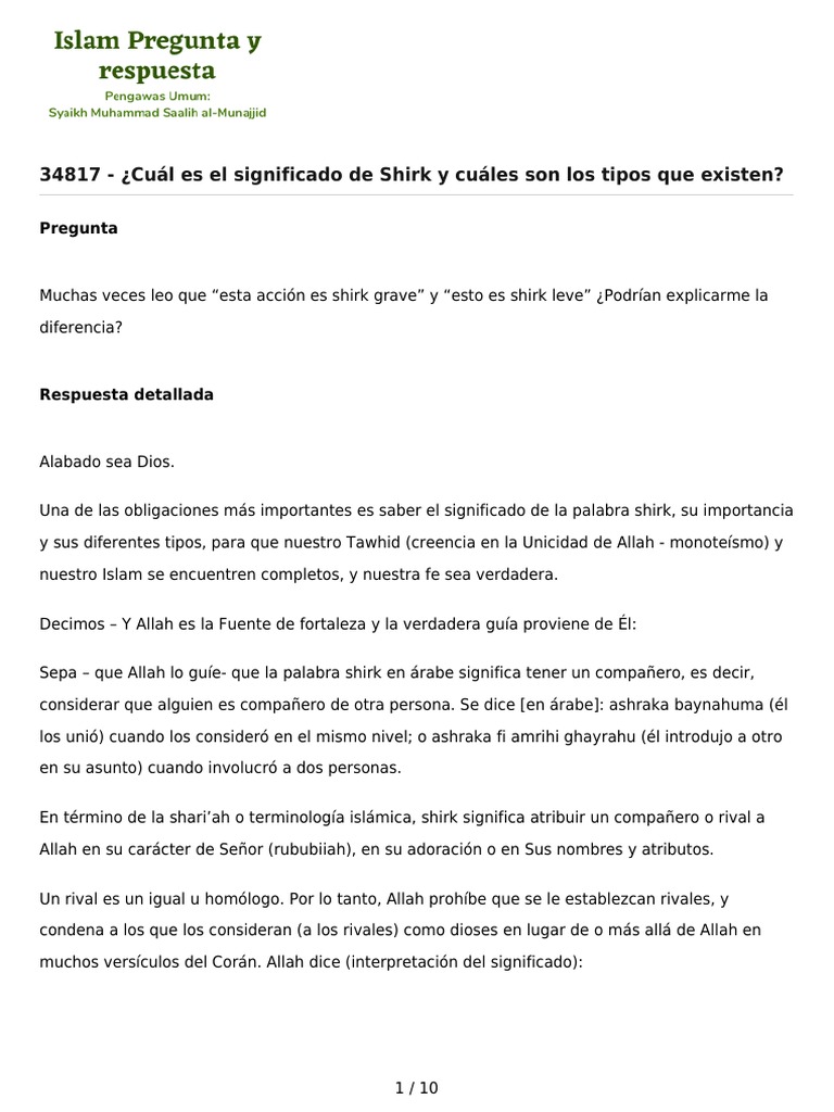 Significado y tipos de Shirk en Islam | PDF | Alá | Religiones abrahámicas