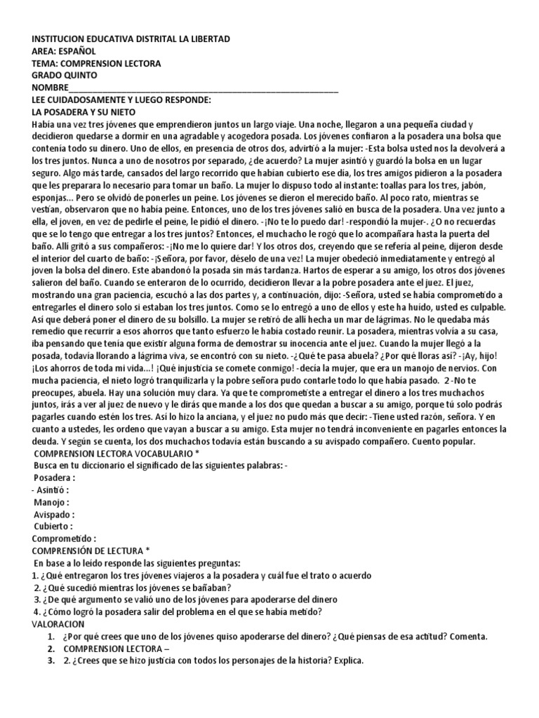 Comprension Lectora para Quinto Grado | PDF