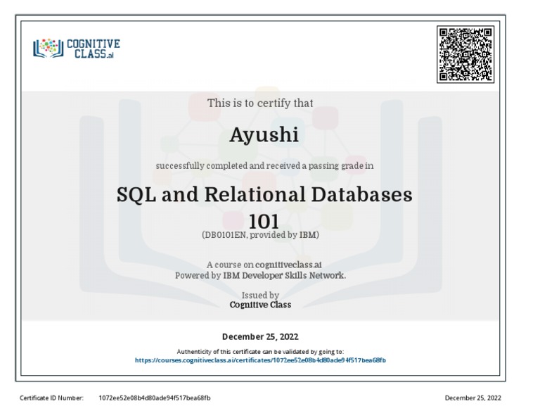 IBM DB0101EN Certificate - Cognitive Class - PDF SQL PDF | PDF