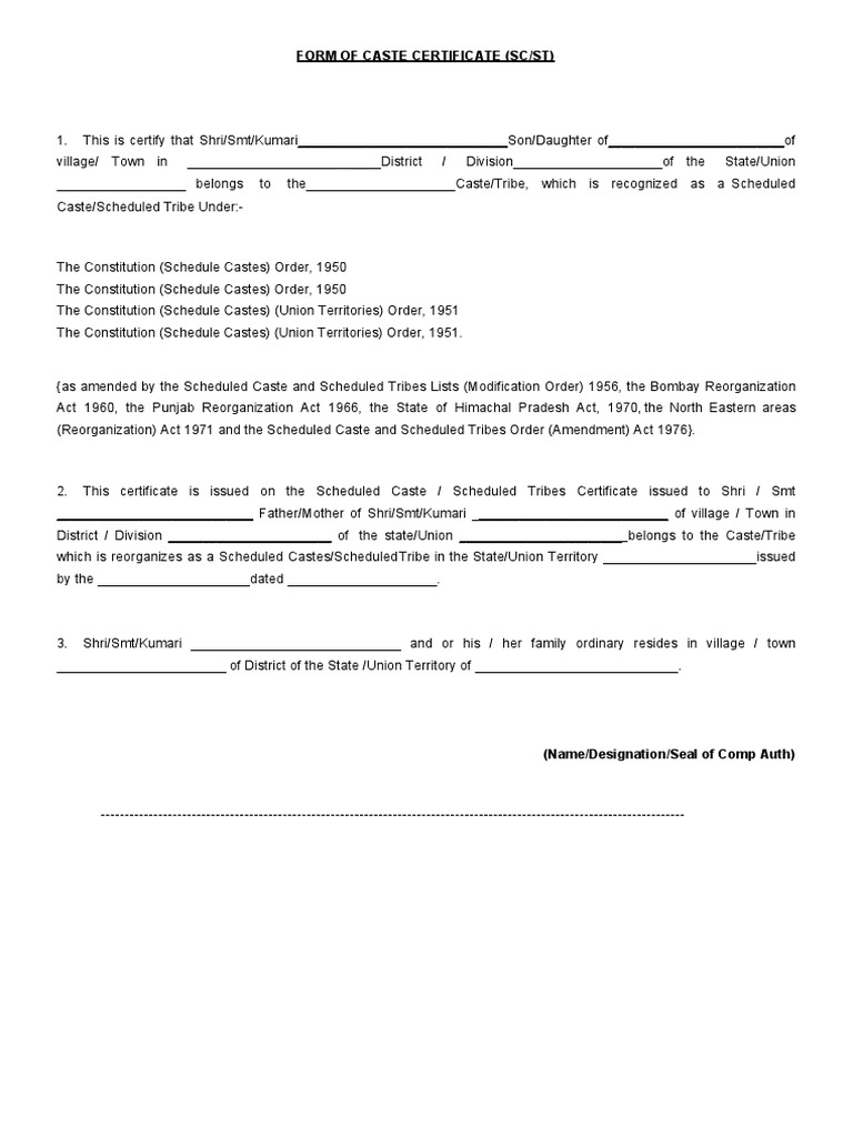 SC/ST Caste Certificate Form PDF | PDF