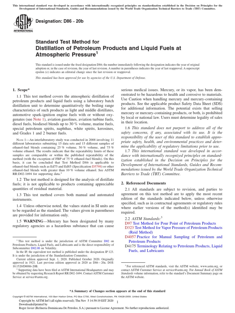ASTM D86 - 20b STANDARD TEST METHOD FOR DISTILLATION PDF | PDF ...
