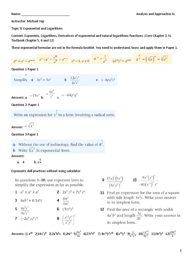 AA SL Topic 9 Exponential and Logarithmns | PDF | Exponential Function ...