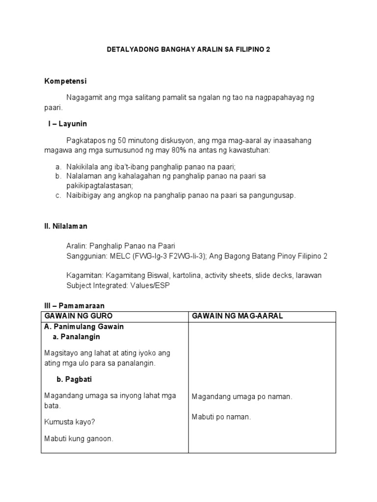 Detalyadong Banghay Aralin Sa Filipino 2 | PDF