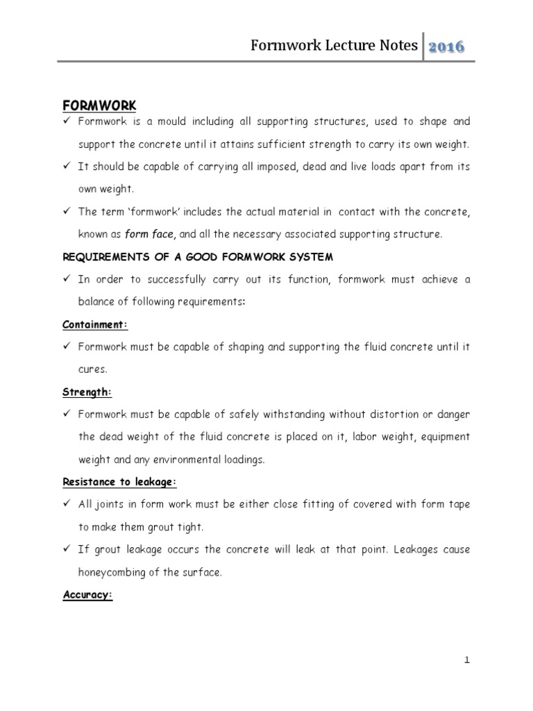 FORMWORK - Docx Notes PDF | PDF | Concrete | Plywood