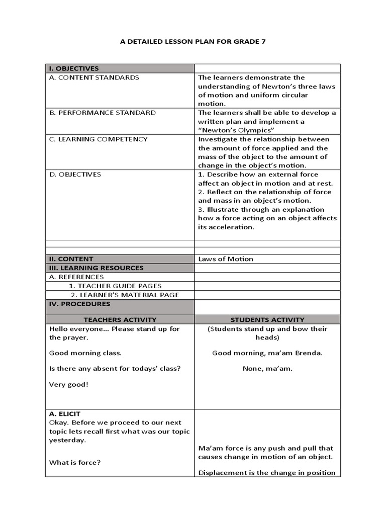 Grade 7 Force and Motion Lesson Plan | PDF | Force | Newton's Laws Of ...