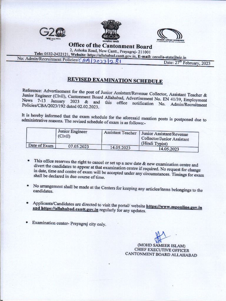 Revised Notice of Allahabad Cantonment Board | PDF