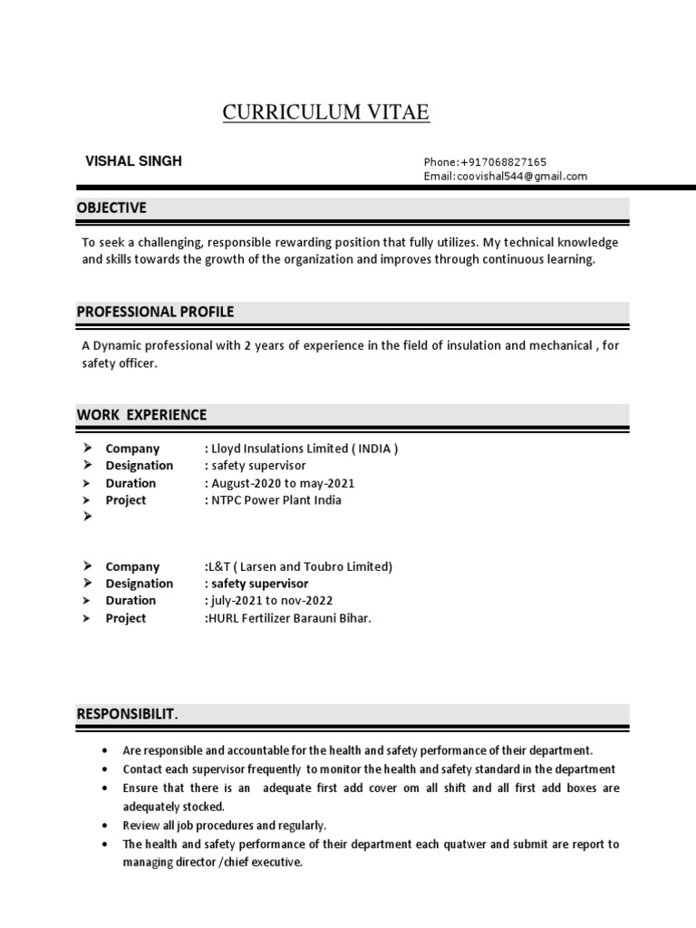 CV Safety Supervisor 2+ Years Experience | PDF