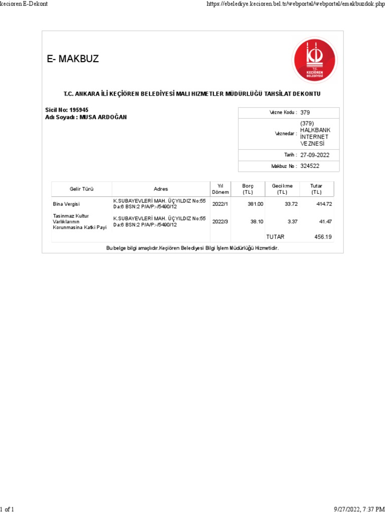 City Hall Receipt For Tax Payment | PDF