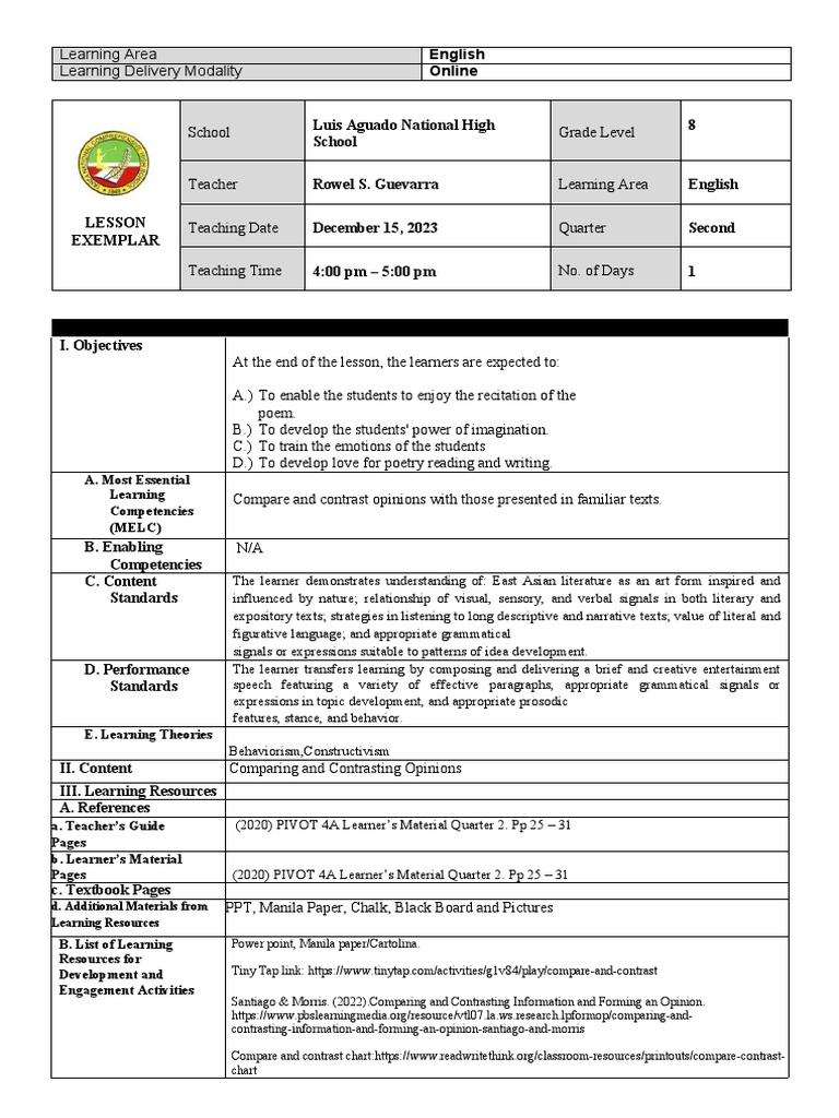 LESSON EXEMPLAR Contrasting and Comparing | PDF | Learning | Word