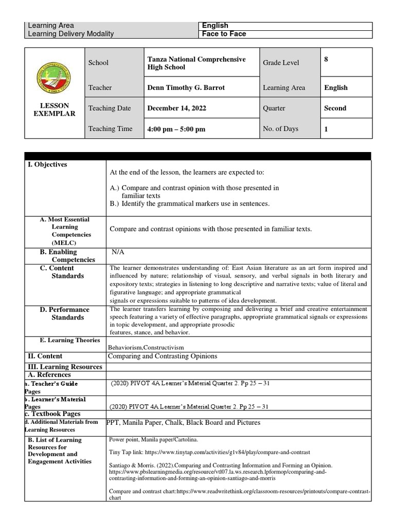 LESSON EXEMPLAR Contrasting and Comparing | PDF | Learning | Teachers