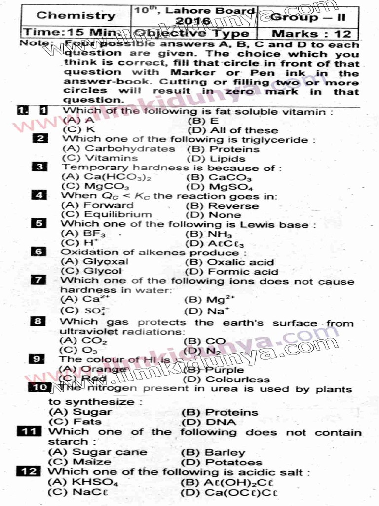Past Papers 2016 Lahore Board 10th Class Chemistry Group 2 English ... Past Papers 2016 Lahore Board 10th Class Chemistry Group 2 English ...