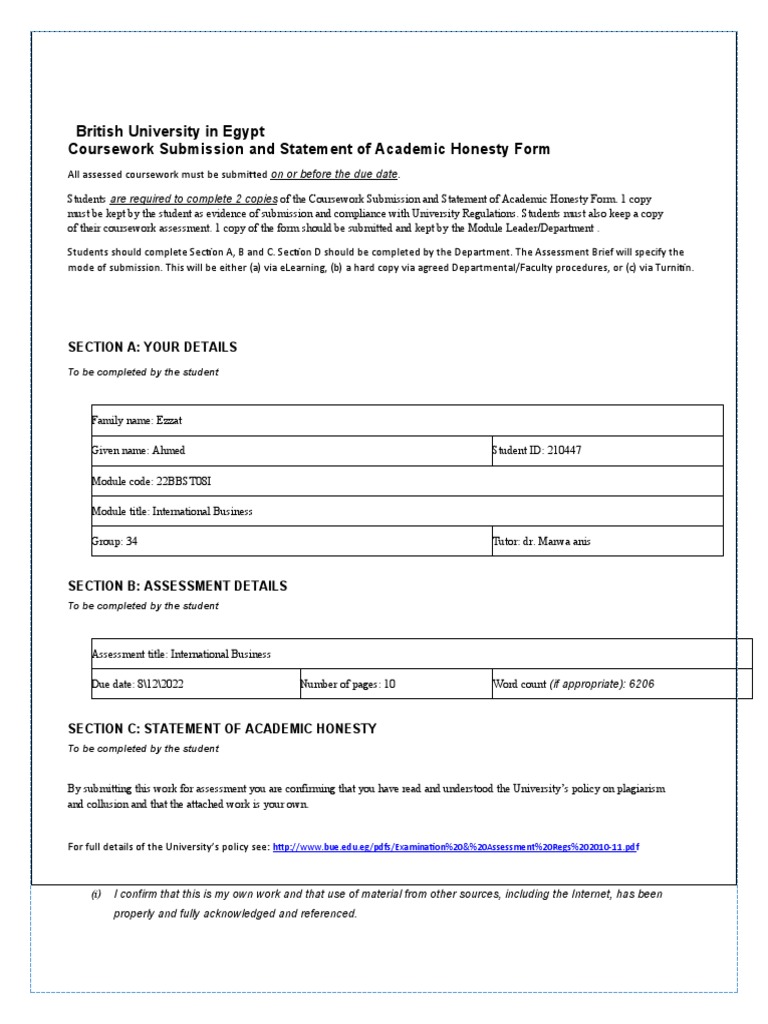 British University in Egypt Coursework Submission and Statement of ...
