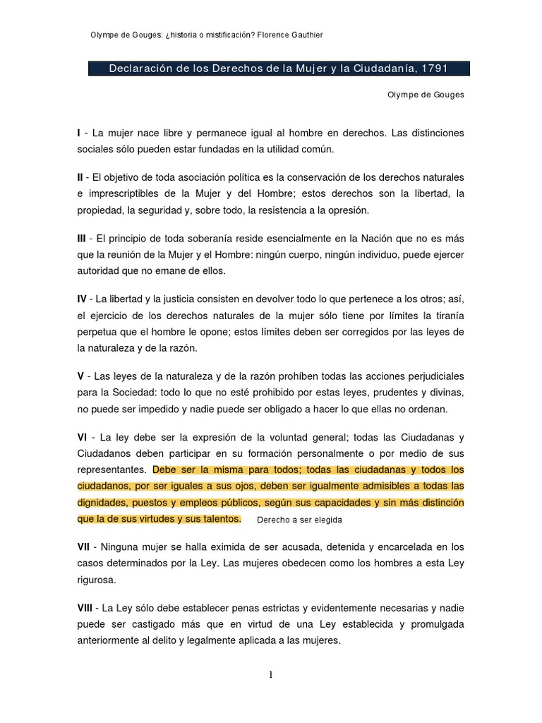Olympe de Gouges - Declaracion Derechos de La Mujer y La Ciudadana ...