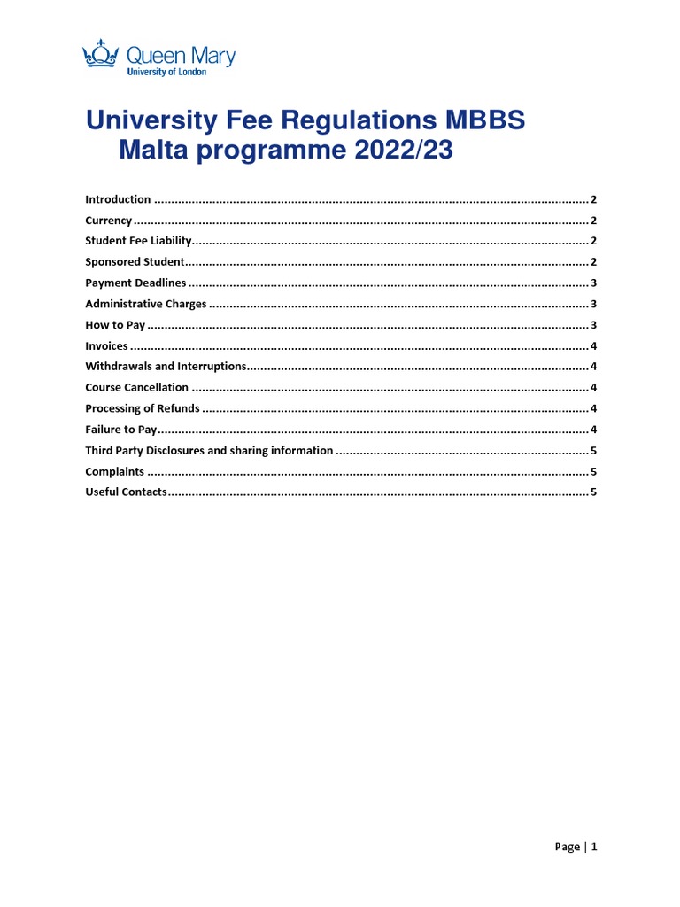 Malta MBBS Fee Regulations 2022 23 PDF | PDF | Payments | Fee