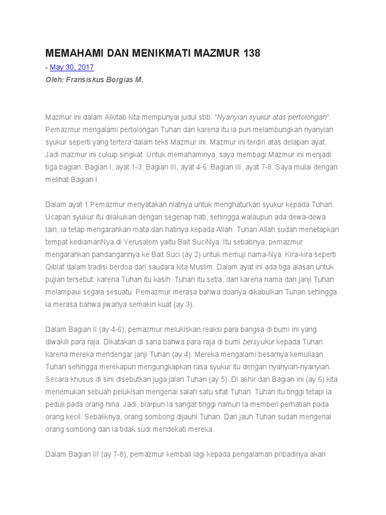 Memahami Dan Menikmati Mazmur 138 | PDF
