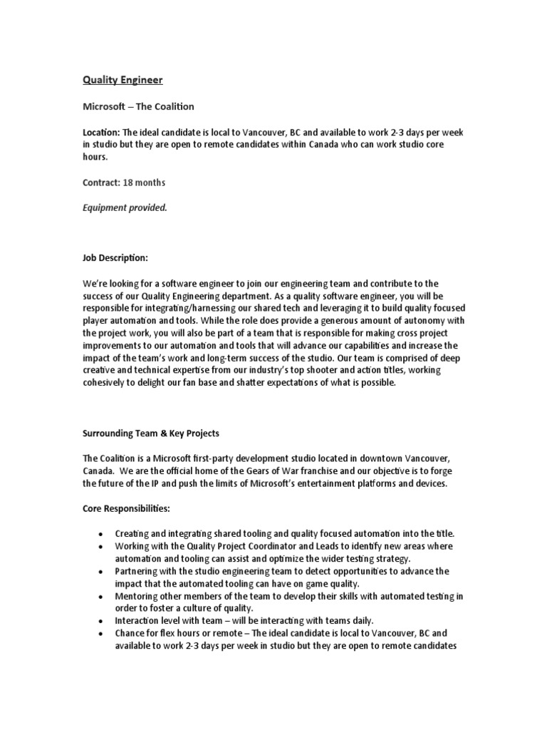 Quality Engineer Job Description-1 | PDF | Automation | Engineering