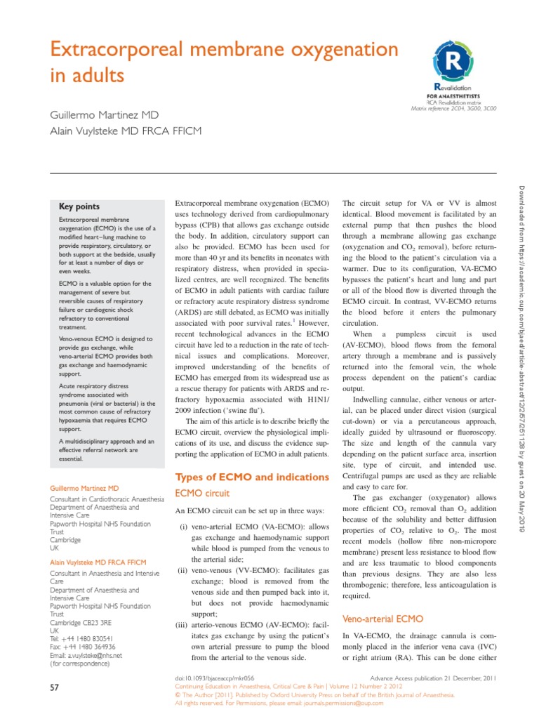 ECMO, Adults BJA 2011 | Download Free PDF | Vein | Heart