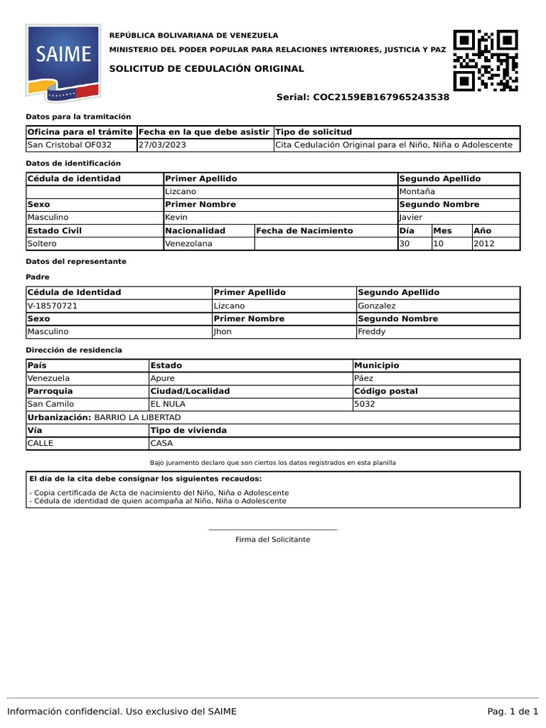 Planilla Cedulacion Original Menor | PDF | Gobierno y personalidad